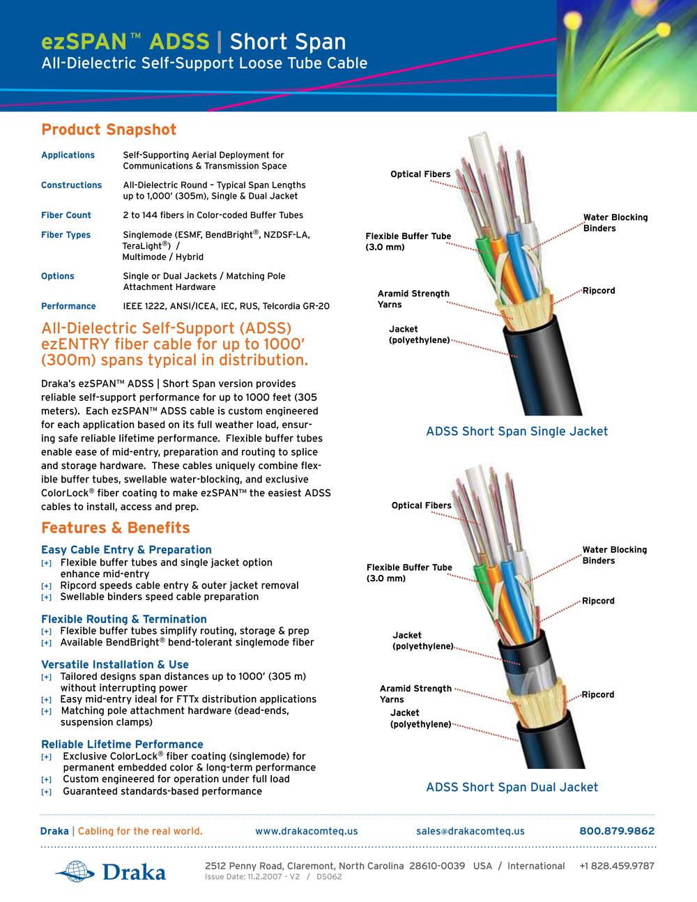 ADSS Light Load Fiber Aerial Cable, ADSS Light Load Fiber Cable, Draka ...